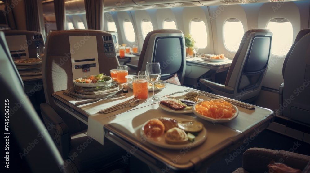 Generative AI Flight attendants serving meals, in-flight service, tray ...