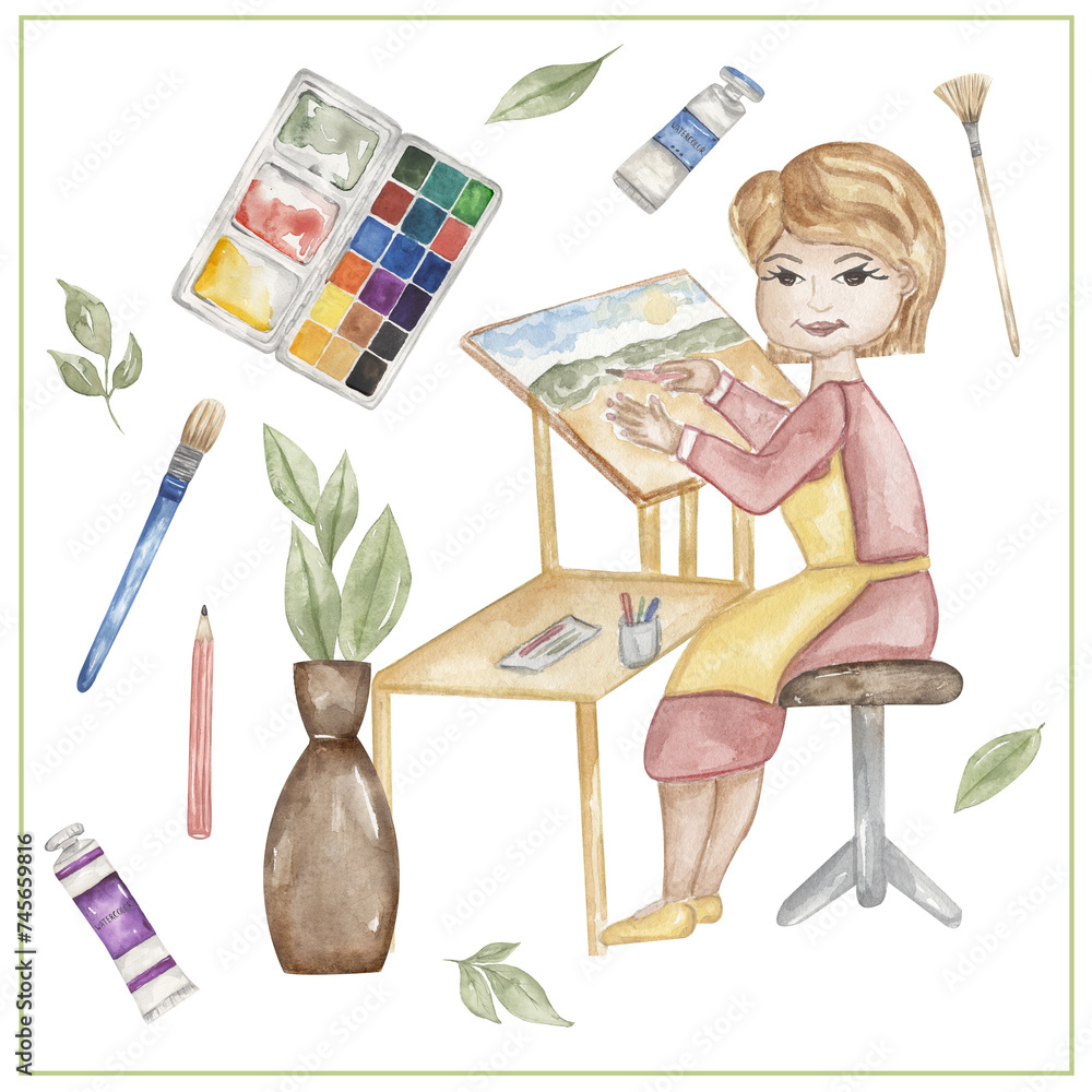 Watercolor artist clipart, hand drawn illustration. Illustrator working ...