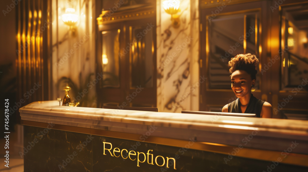 Luxury hotel reception desk with welcoming professional receptionist at ...
