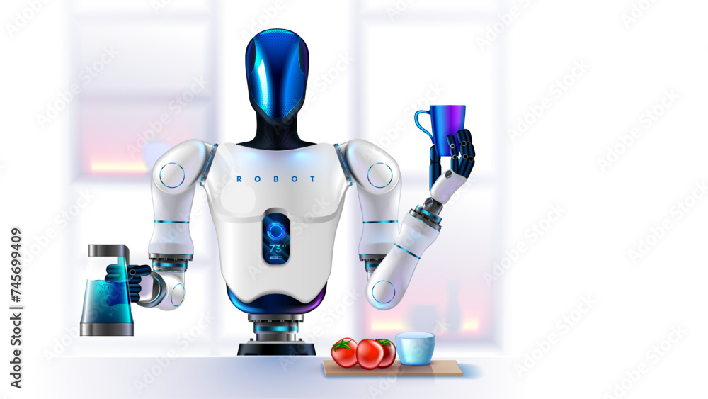 AI Robot servant cooking breakfast, coffee at home in the kitchen ...