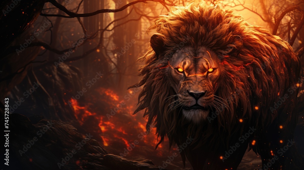 In a mystical forest a fire lion prowls leaving trails of embers and ...