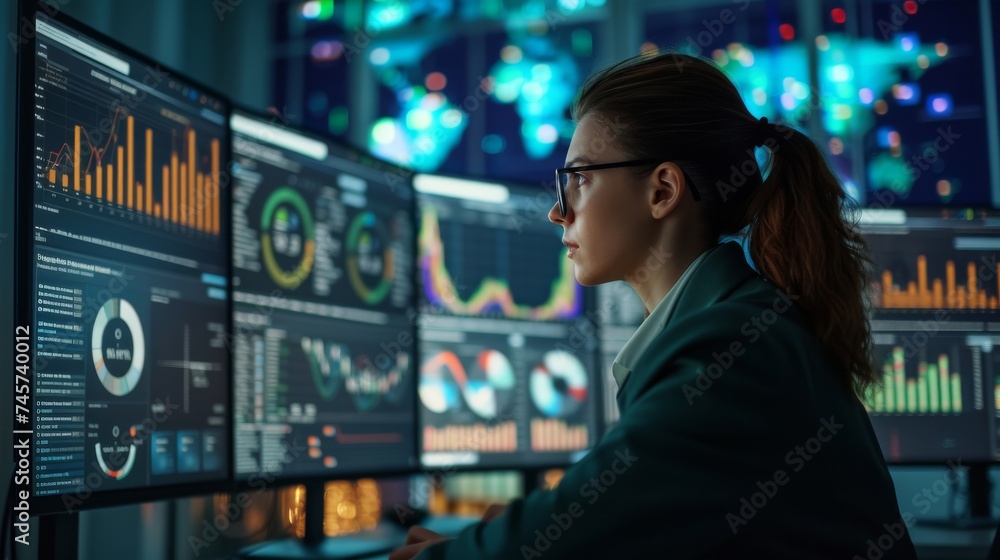 A detailed, hyper realistic photograph of a data analyst deeply ...