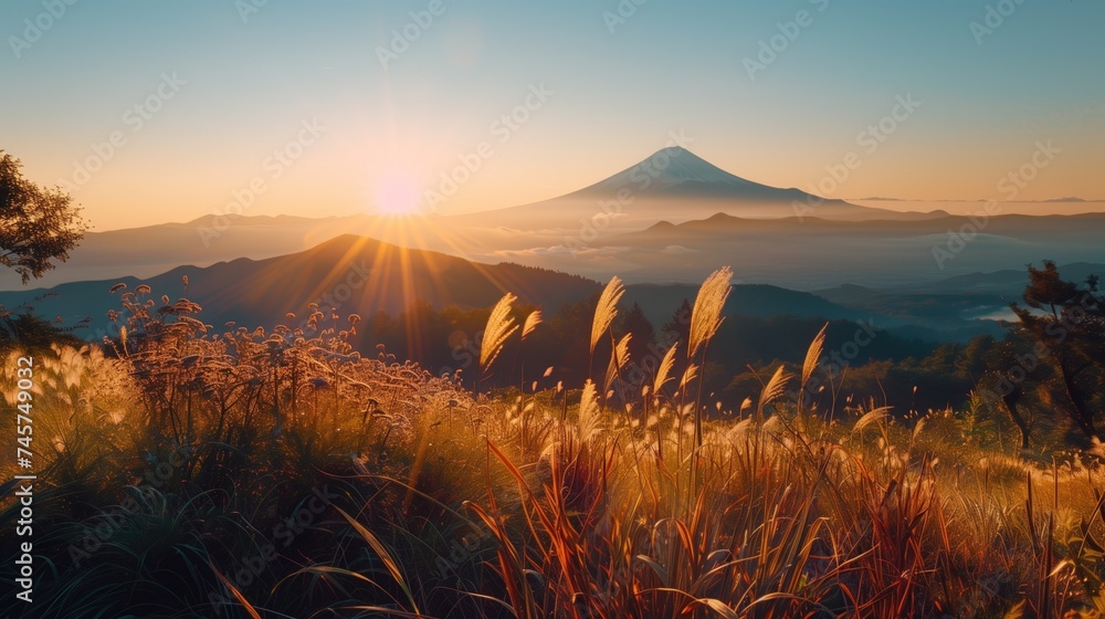 Fuji yama photo landscape at golden hour with gry grass field and some ...