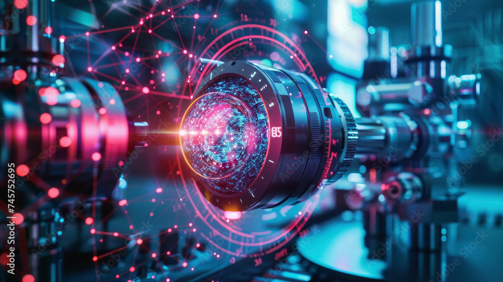 Ultra modern physics lab exploring quantum computing applications in medicine with holographic ...