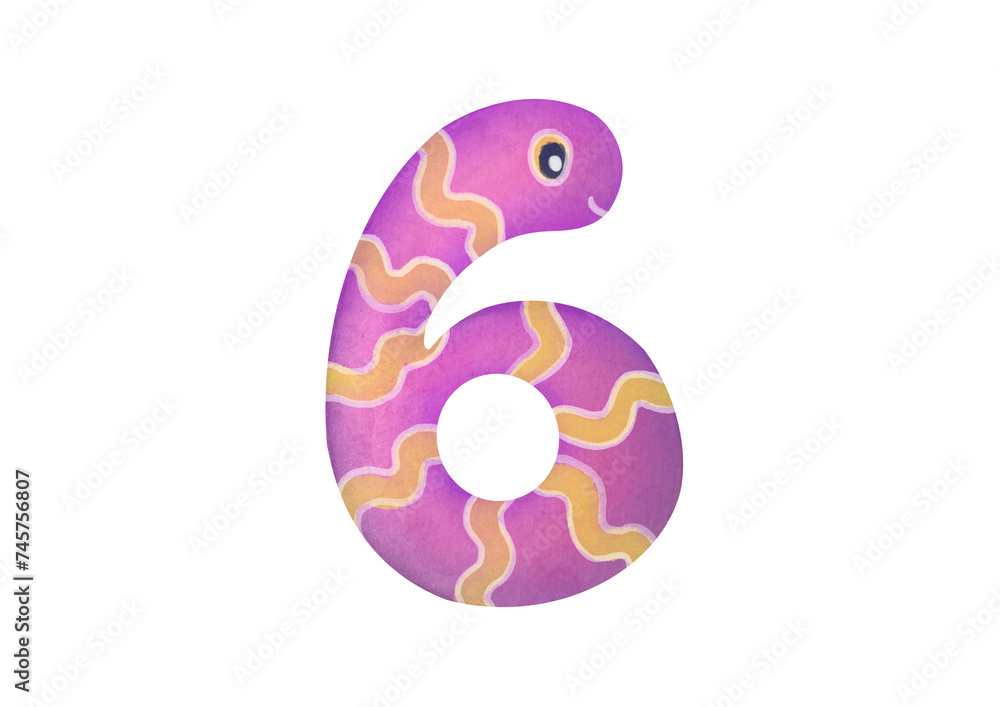 Illustration Stock Watercolor number 6. digit six, Figures with eyes ...