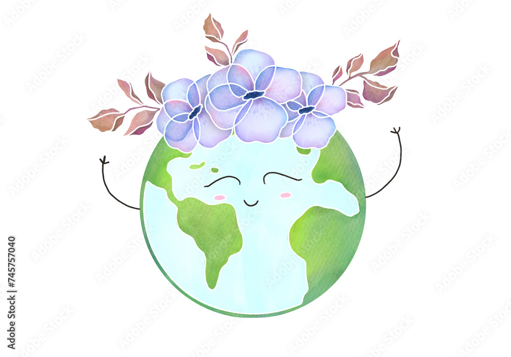 watercolor cute globe illustration. Love, Earth day, world Environment ...