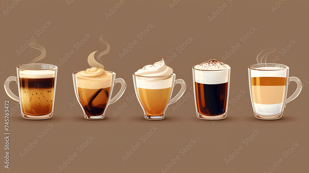 Collage set of different types of coffee in cup: mochaccino, latte, chocolate, cream ...