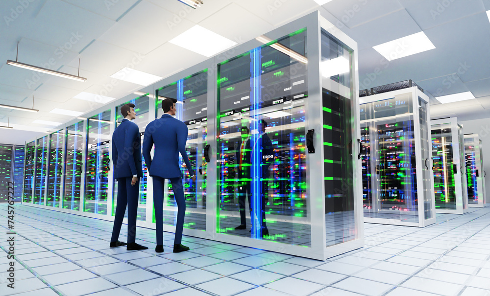 Modern server room, corridor in data centre with Supercomputer racks ...