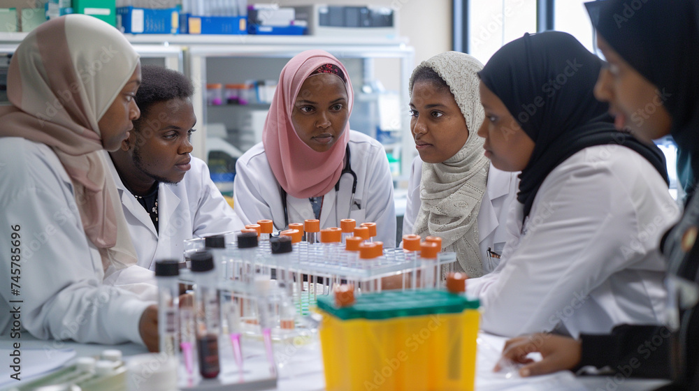 Immersed in their research, laboratory assistants huddle around a table ...