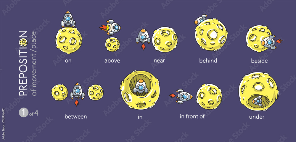 Preposition of place. Rocket and the planet set Stock Vector | Adobe Stock