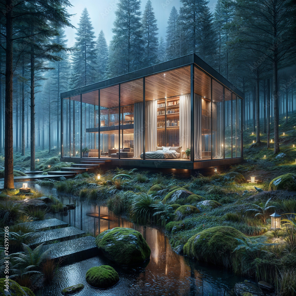 a glass cabin in the woods at night, a digital rendering , cg society ...