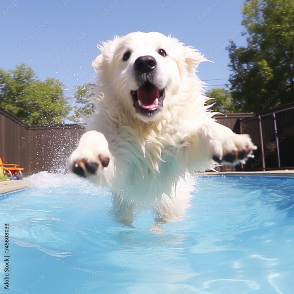 Cute great Pyrenees dog jumping pool water ultra HD wallpaper image AI ...