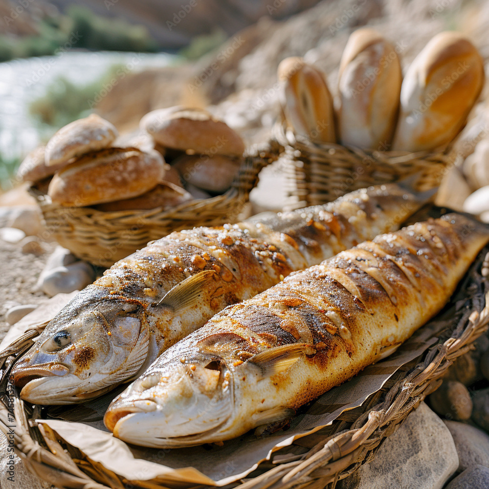 Fish and bread. Christian illustration of the gospel miracle of Jesus ...