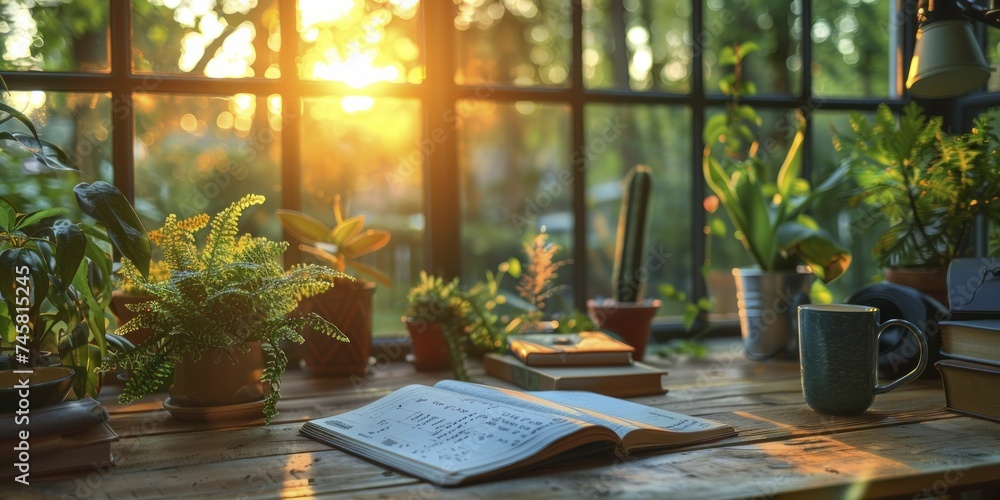 A notebook abandoned on a desk, its pages dancing in the breeze from an ...
