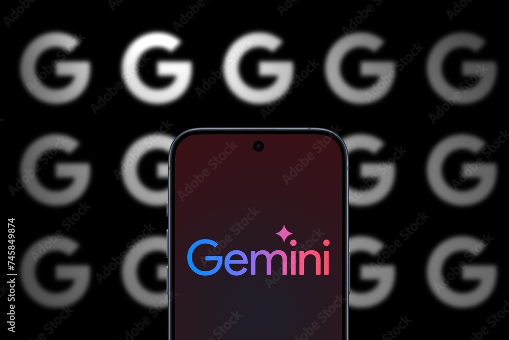 Gemini Logo is displayed on a modern smartphone, big white Google Logos ...
