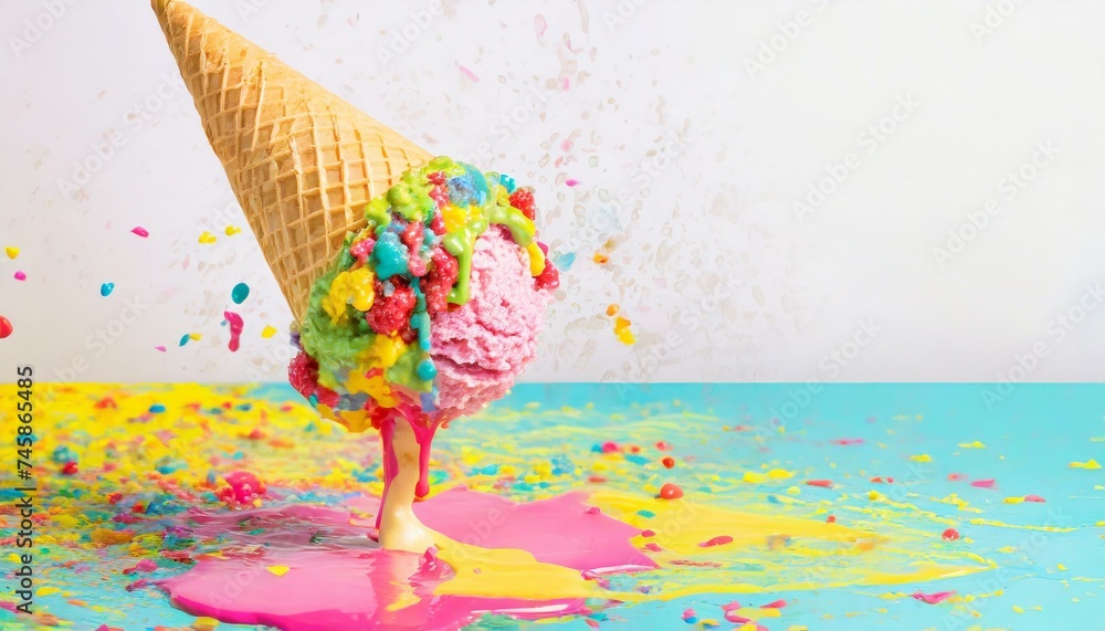 A drippy, melty, ice cream cone falling through the air about to hit a ...