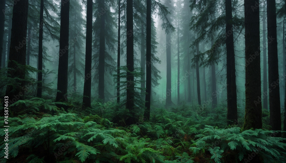 A dense forest with towering fir trees, their deep green leaves ...