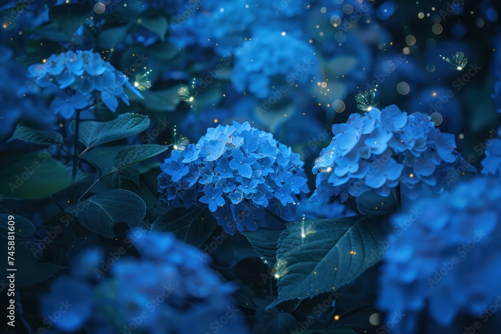 Nighttime in a magical garden with glowing fireflies around hydrangea ...
