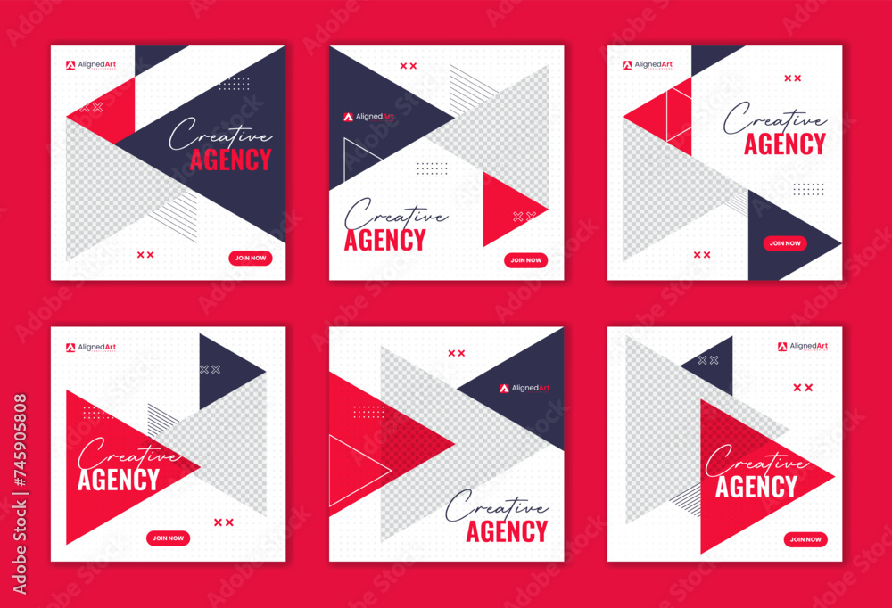 Red triangle shape corporate social media post design. Minimal creative agency square template ...