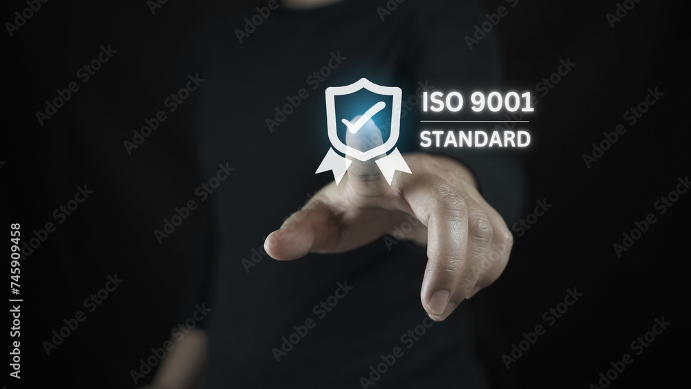 Male hand pointing to ISO 9001 logo, certified management and quality ...