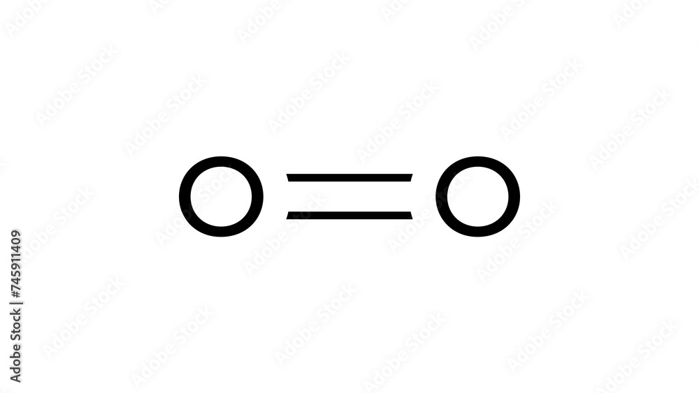 oxygen molecule, structural chemical formula, ball-and-stick model ...