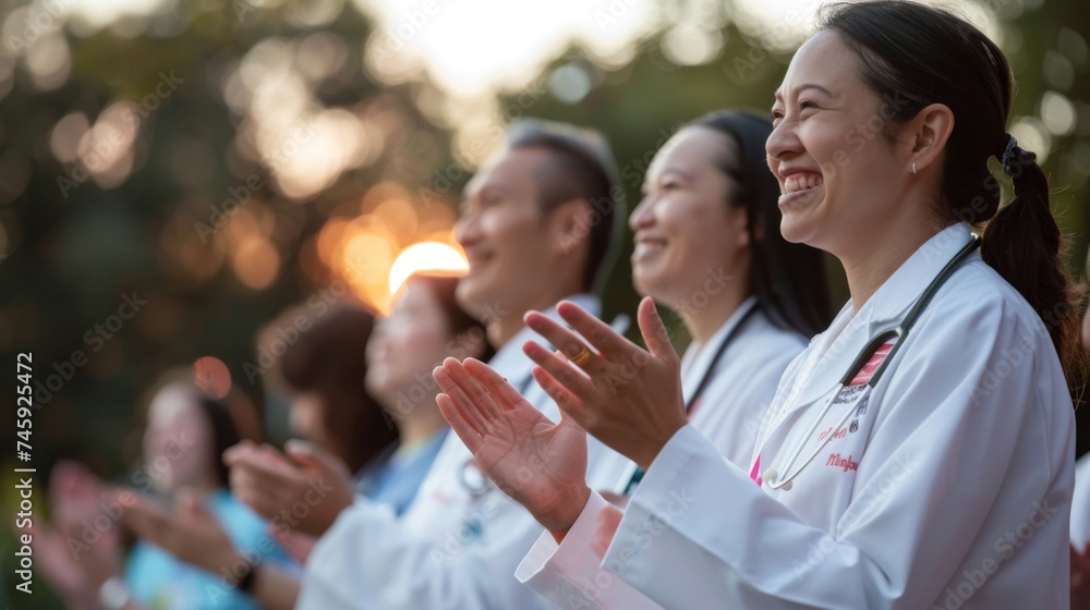Group of healthcare professionals clapping, celebrating teamwork and ...