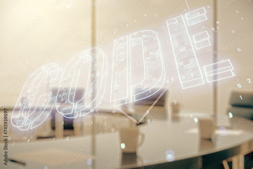 Code word hologram on a modern meeting room background, artificial ...