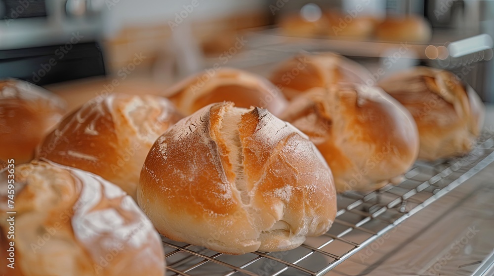 Golden Baked Breads Cooling on Rack Freshly baked, golden loaves of ...
