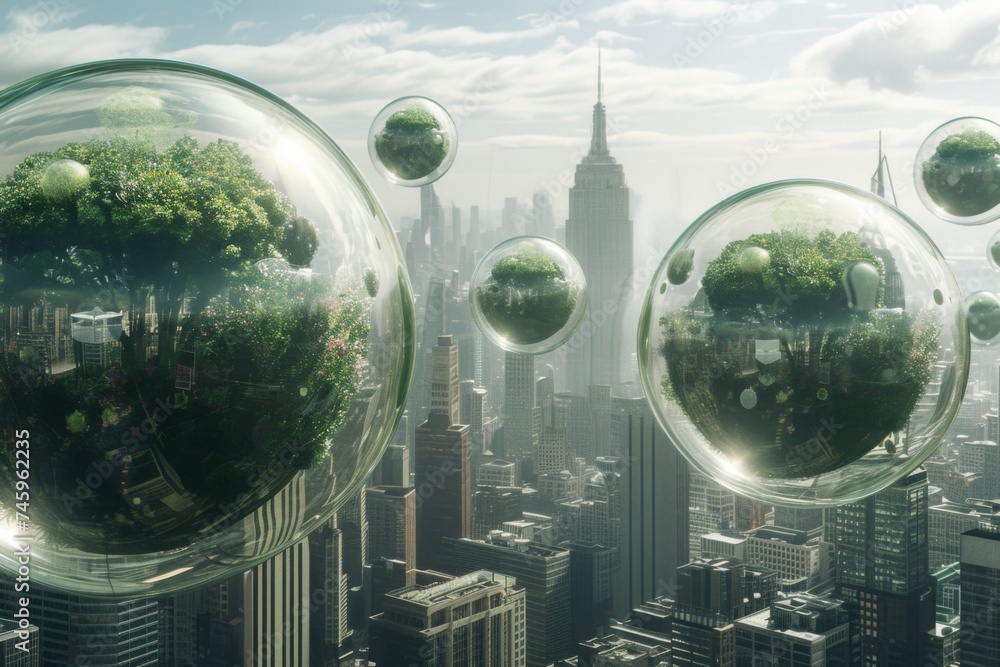 Conceptual art of floating botanical spheres over a cityscape ...
