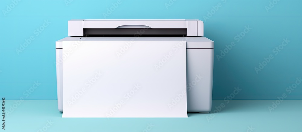 A top view of a white printer placed on top of a blue wall. The printer ...