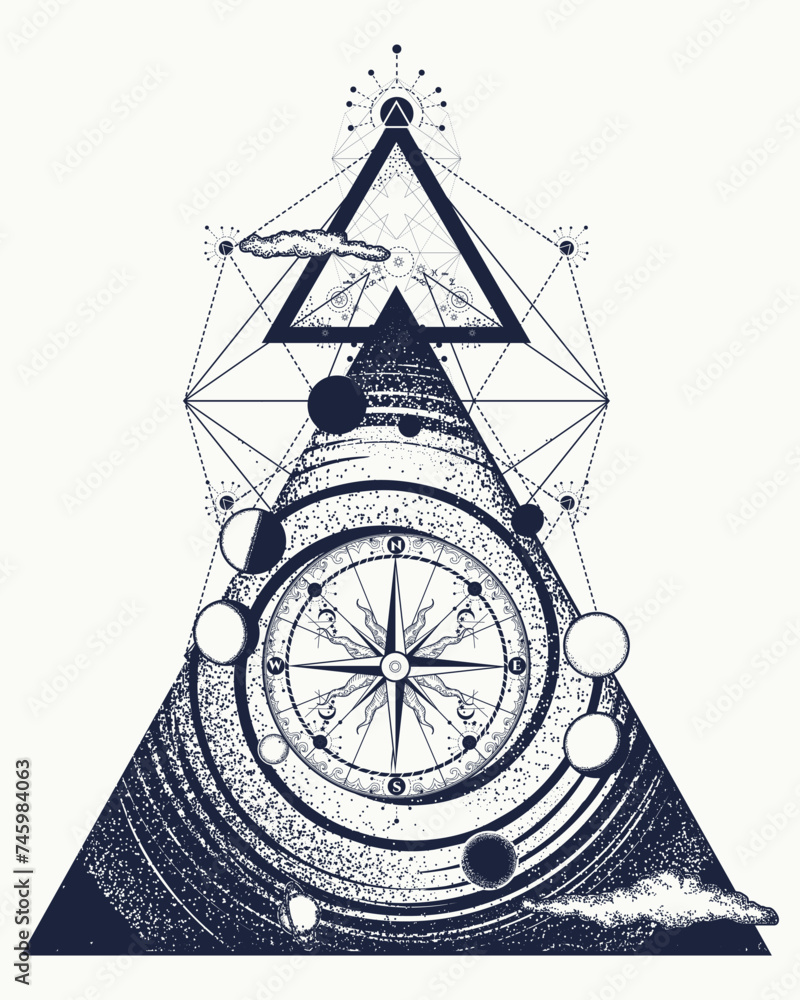 Universe. Black hole and compass tattoo. Esoteric symbol of knowledge ...