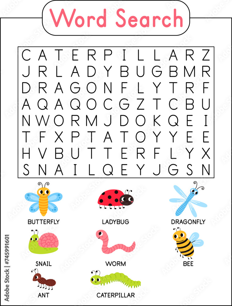 Words search puzzle game of insect bug animals for preschool kids ...