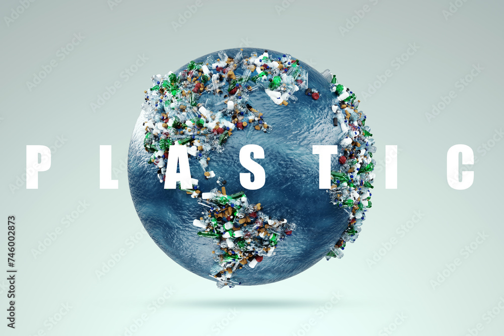 Plastic pollution concept, earth map composed of trash, plastic waste ...