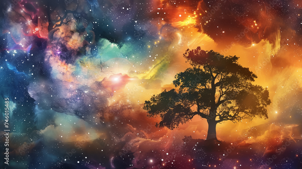 Watercolor scene of a magical triad in ancient Mesopotamia under a ...