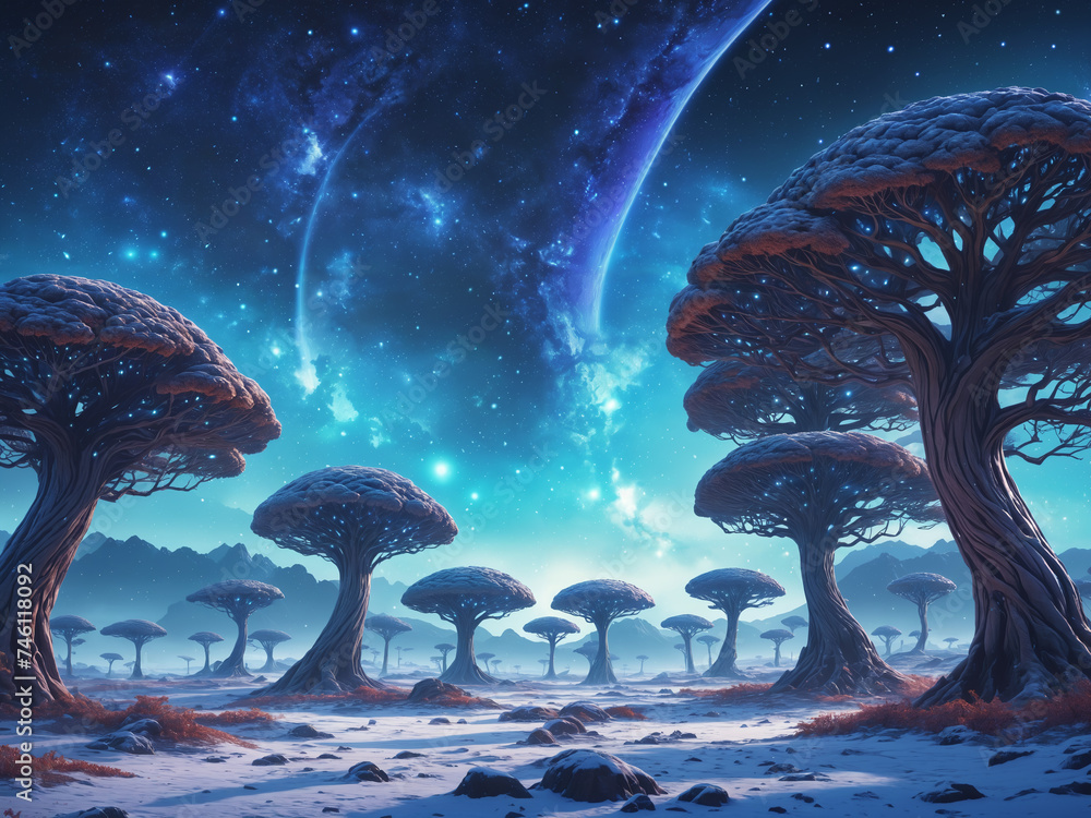 Surreal landscape of peculiar mushroom-shaped trees in a mysterious ...
