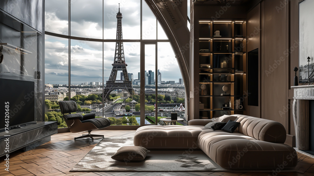 a luxurious room in the Eiffel Tower hotel with panoramic glass windows ...