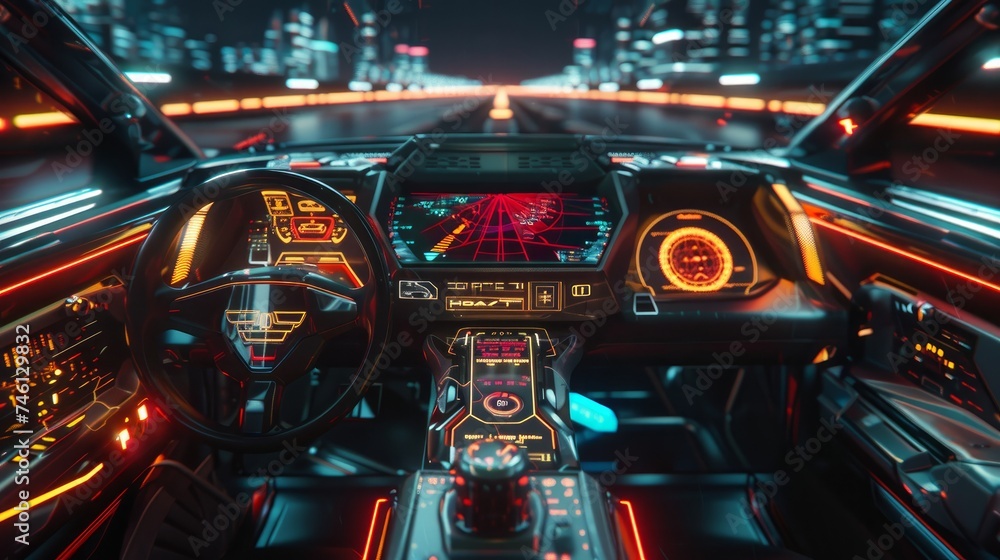 A futuristic car cockpit designed for autonomous vehicles, featuring a ...