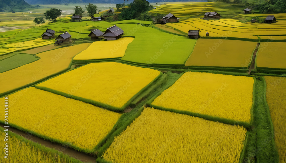 Top-down perspective of vibrant yellow and green rice fields ...