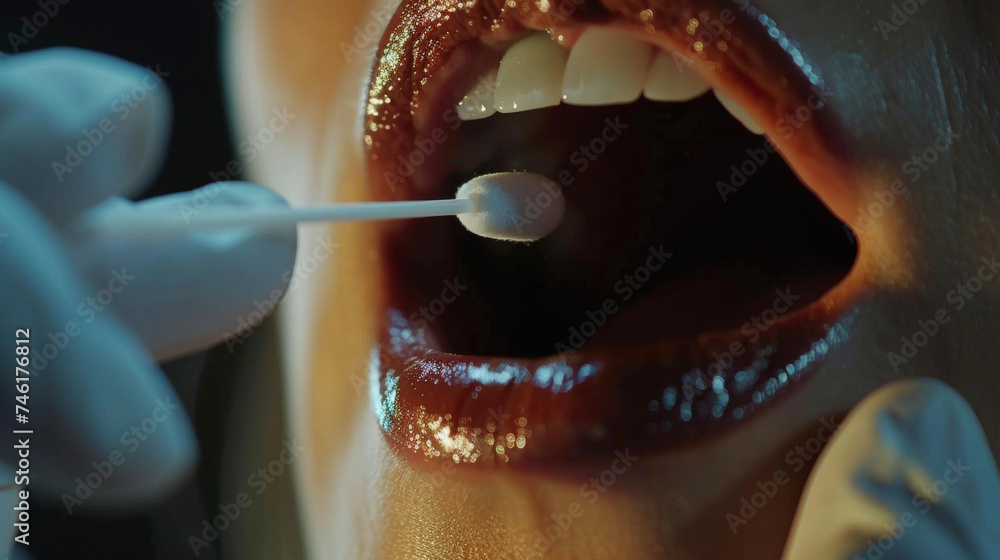 A closeup of a persons mouth swabbing a sample for DNA analysis ...