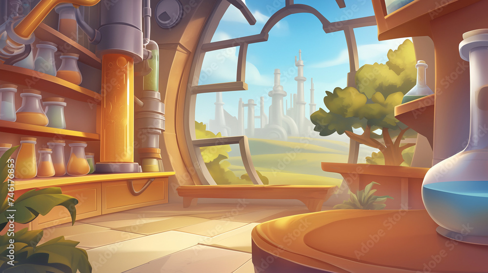 Laboratory game background, 2d cartoon Stock Illustration | Adobe Stock