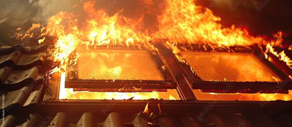 Flames burning fiercely inside a metal oven, with smoke rising and the ...