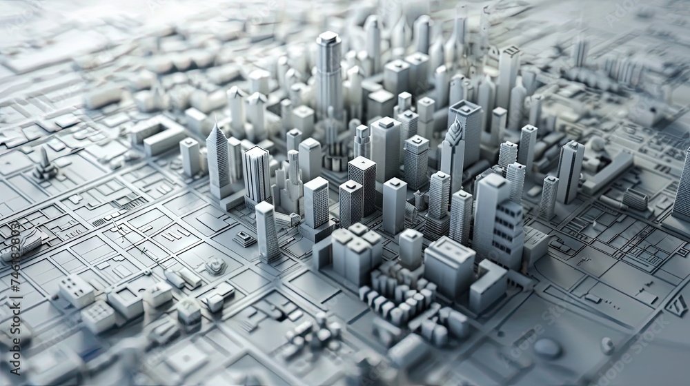 Cityscape 3D model on top of architectural blueprints, Engineering ...