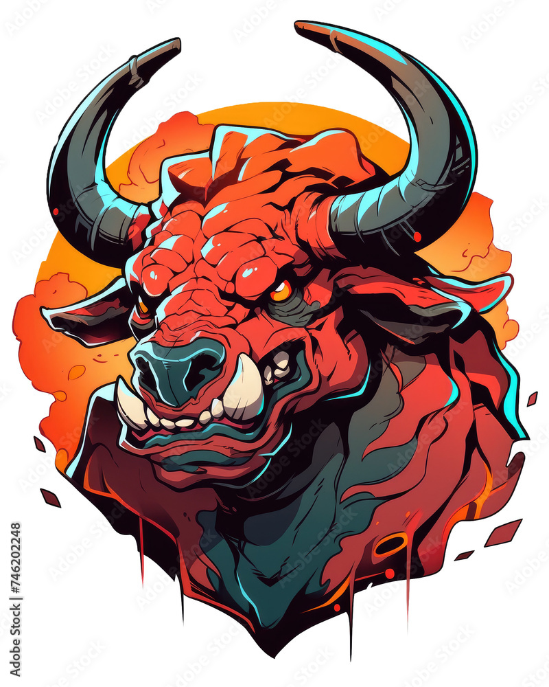 T-shirt design, angry bull face character isolated on transparent ...