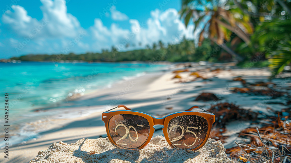 sign letter 2025 on a tropical beach, 2025 numbers in sunglasses on a ...
