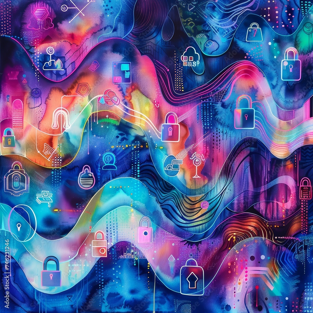 Cybersecurity In Neon Watercolors Visualize Cybersecurity Concepts With