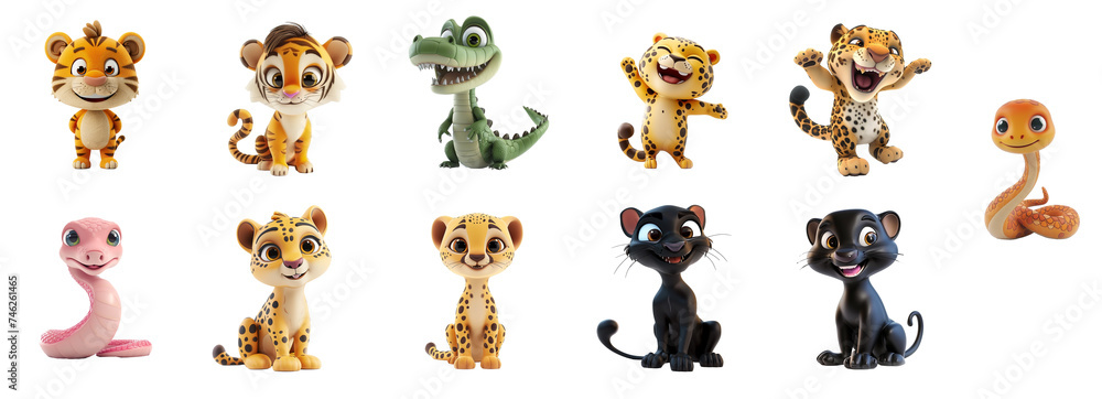 Collection of cartoon exotic animals including tigers, a crocodile, a ...