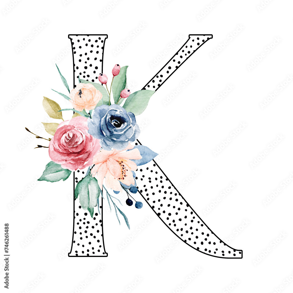 Monogram K, floral letter with watercolor flowers and leaves. Alphabet ...
