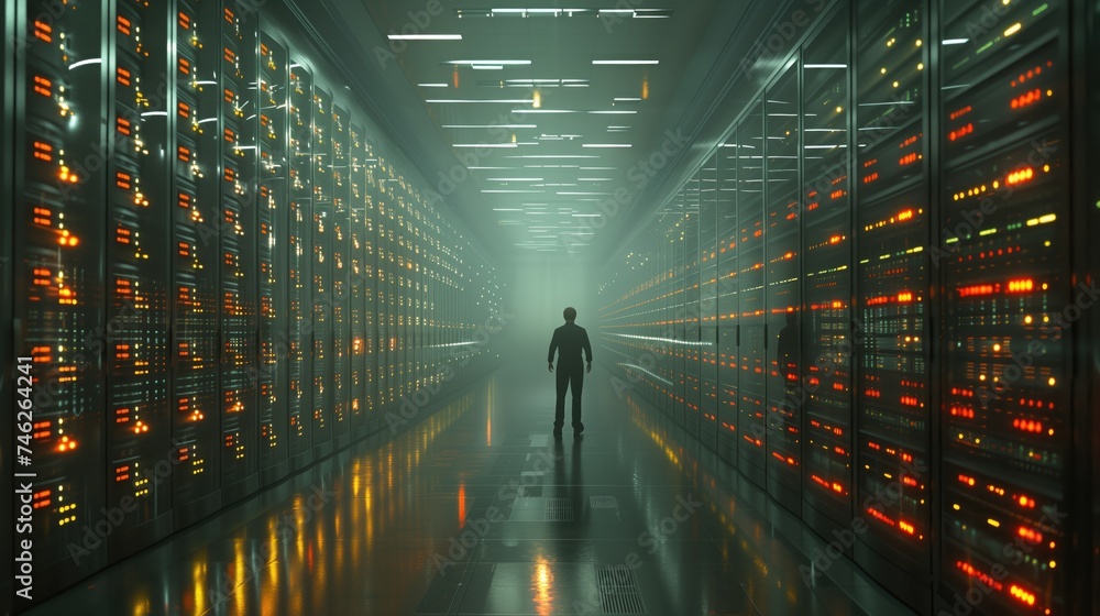 Data Center Management: filled with rows of towering server racks, each ...