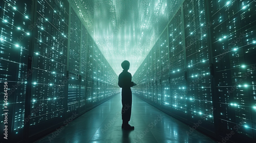 Data Center Management: filled with rows of towering server racks, each ...