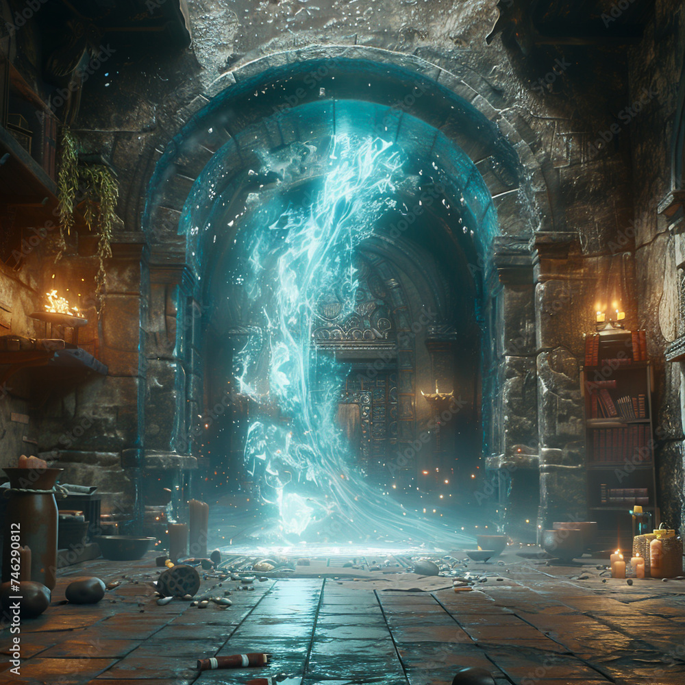 A warp portal opening in an ancient room, items and potions scattered ...